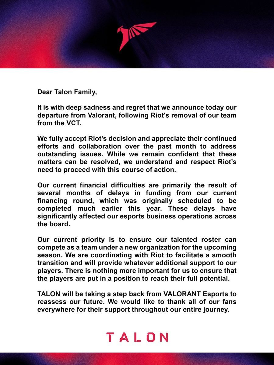 Riot Games 宣布將 Talon 戰隊從《英雄聯盟》太平洋職業聯賽 LCP 除名 因支付選手薪水出現重大延遲《League of ...