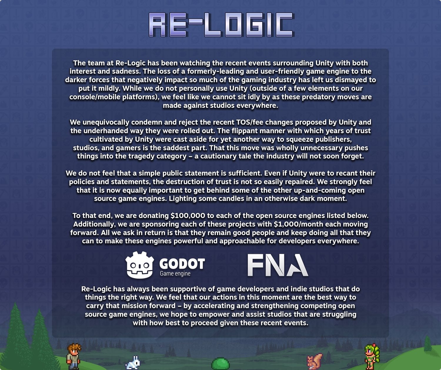 《泰拉瑞亞》開發商 Re-Logic 強力譴責 Unity 新收費政策 宣布捐款支持 Godot 等引擎 - 巴哈姆特
